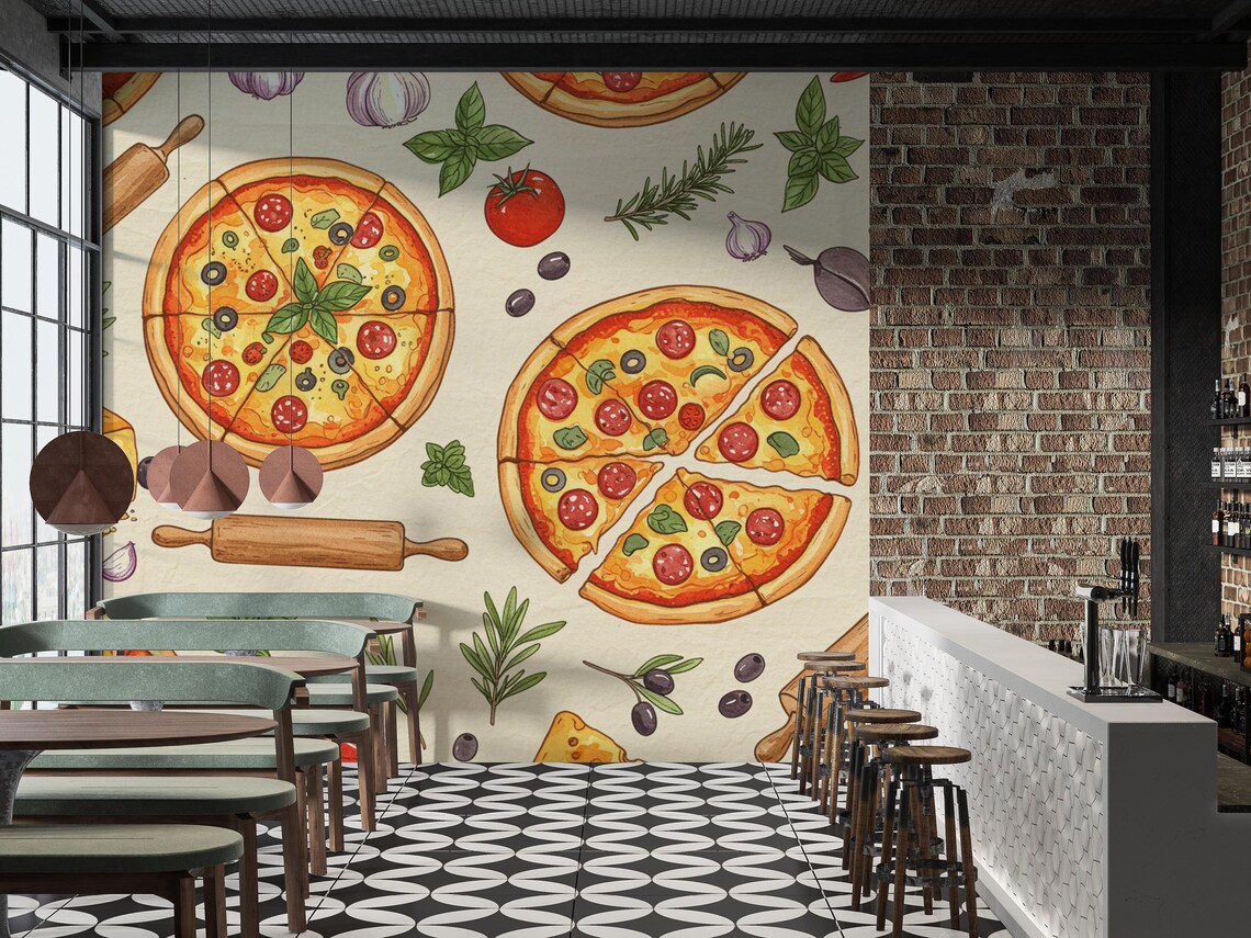 Vintage Pizzeria Wallpaper – Italian Pizza Wall Mural With Rustic Food ...