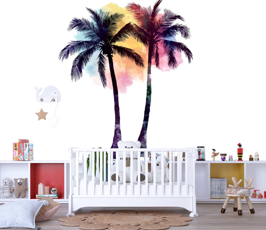 Rainbow Watercolor Palm Tree Wall Decal • Tropical Nursery Wall Art ...