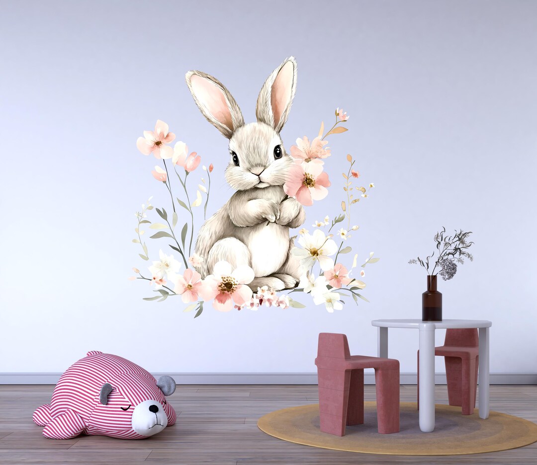 Bunny Wall Decal - Floral Rabbit Nursery Decor - Cute Animal Peel and ...