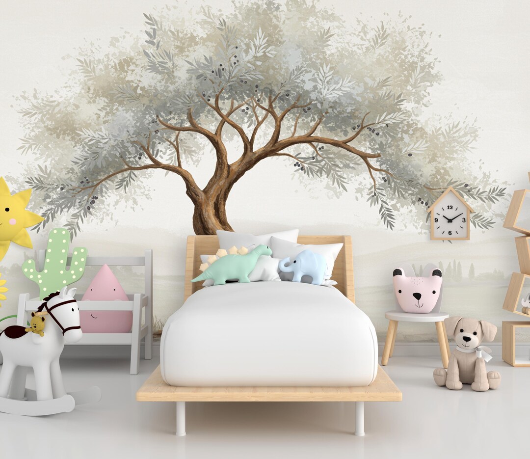 Watercolor Olive Tree Mural Wallpaper – Elegant Hand-painted Botanical ...