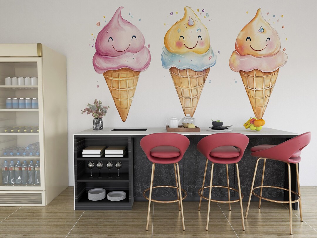 Cute Ice Cream Wall Decal, Smiling Ice Cream Cone Wall Art, Ice Cream ...