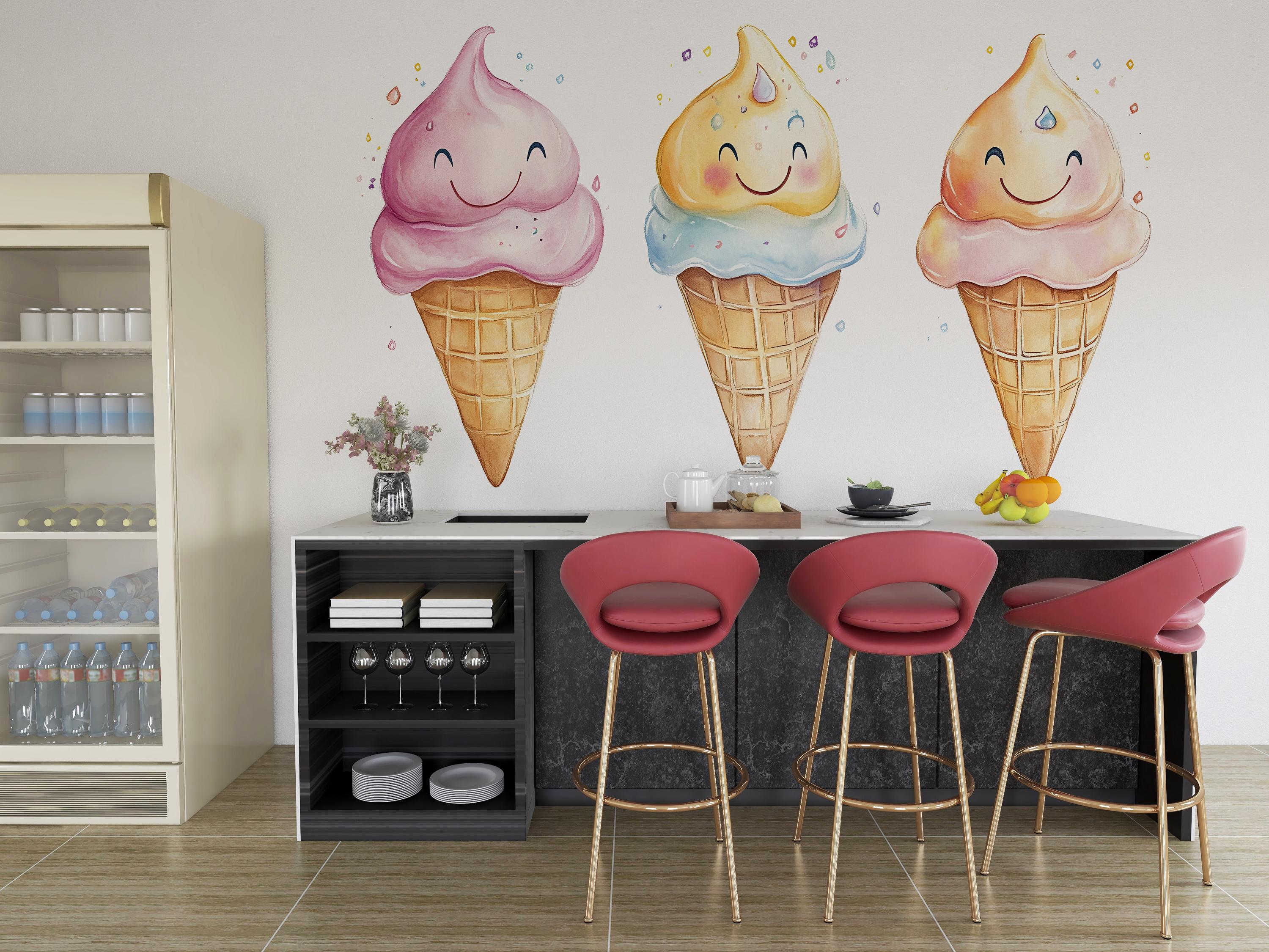 Cute Ice Cream Wall Decal, Smiling Ice Cream Cone Wall Art, Ice Cream ...