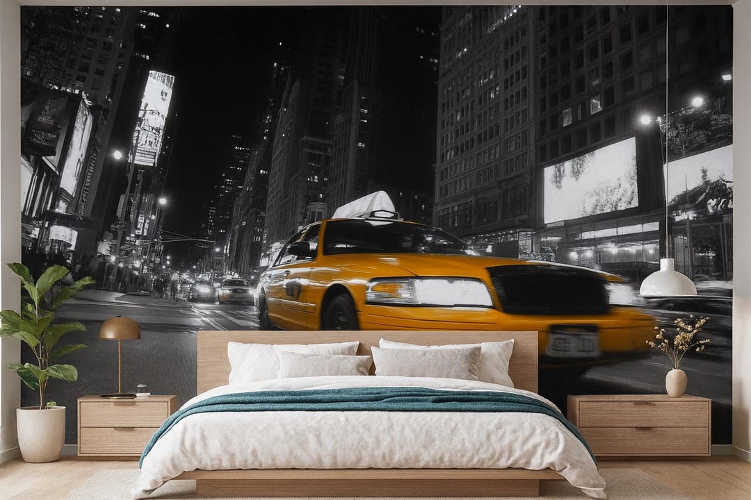 Yellow Taxi Wall Mural 3D Wallpaper – New York City Night Street Wall ...