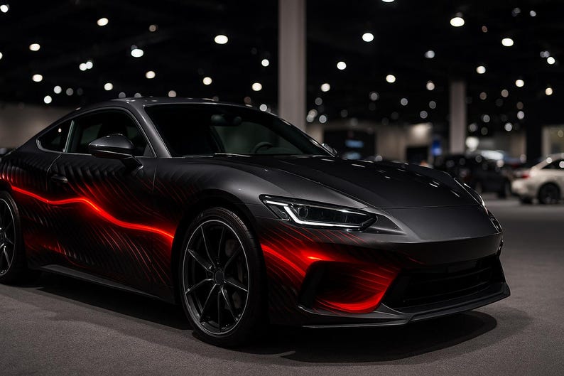 Futuristic Red Neon Car Wrap | Black Matte Sports Car Vinyl | Custom ...