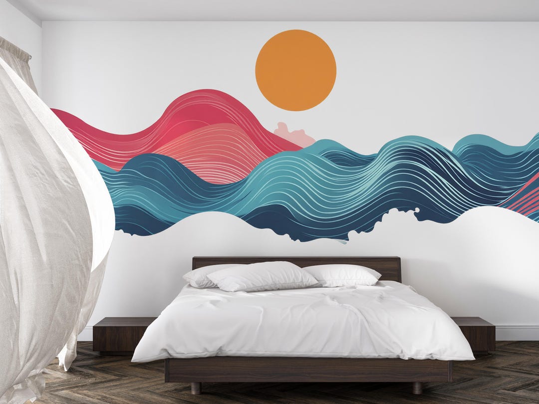 Sunset Ocean Wave Wall Decal – Large Vinyl Peel & Stick Wave Mural ...