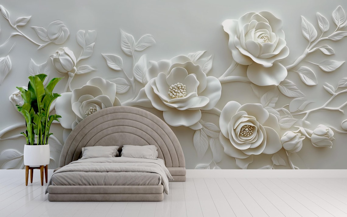 3D Visual Effect White Rose Wall Mural – Elegant Sculpted Floral ...