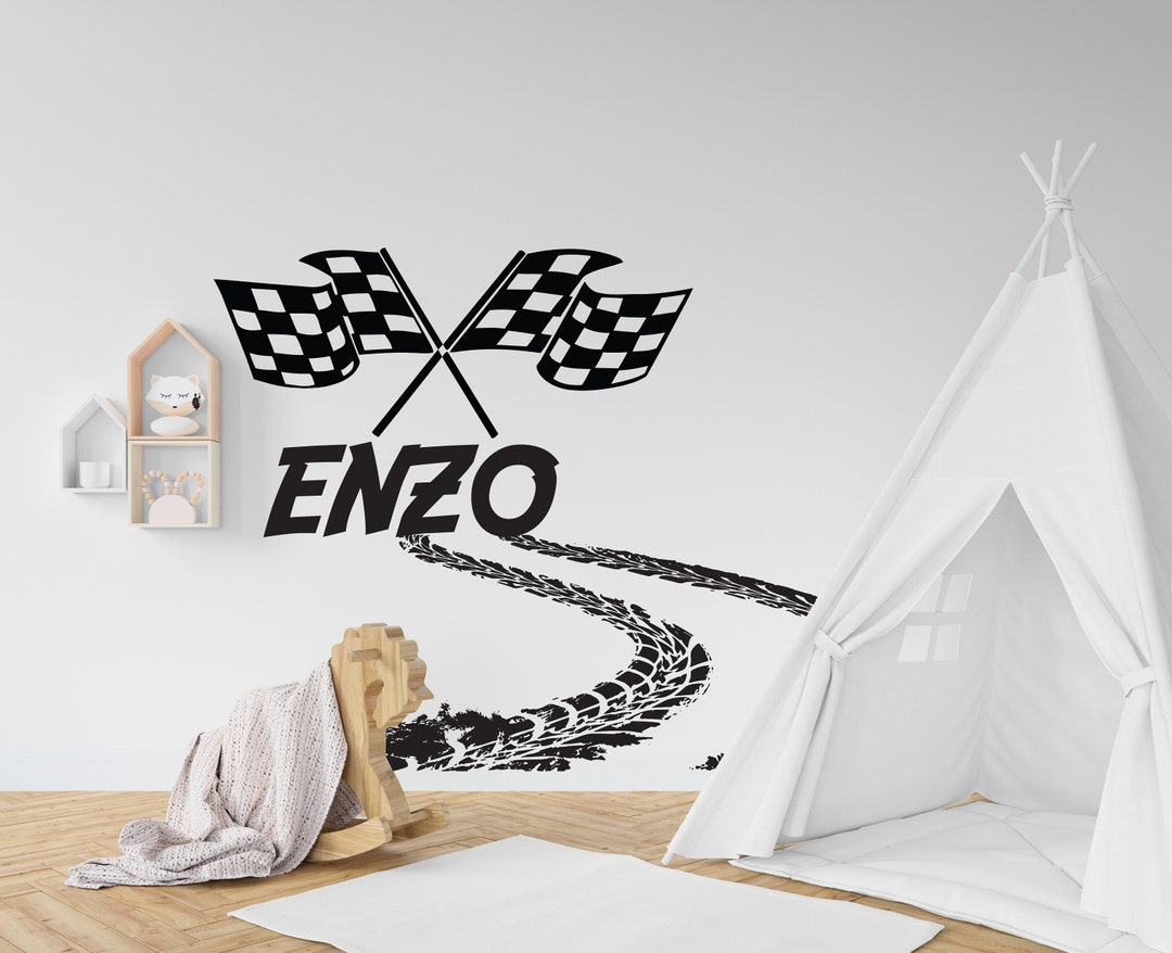 Large Custom Name Racing Car Tire Checkered Flags Wall Decal Wheel F1 ...