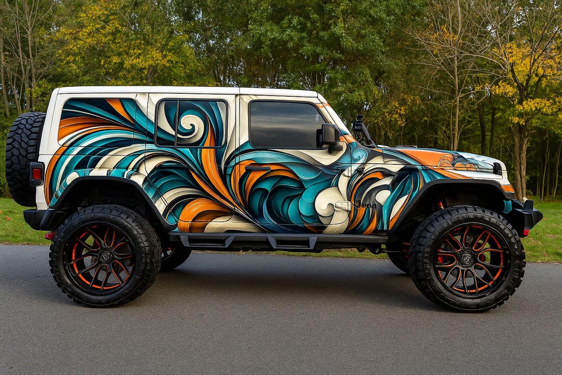 Colorful Swirl Car Wrap Retro Modern Vinyl Design With Orange Teal Blue ...