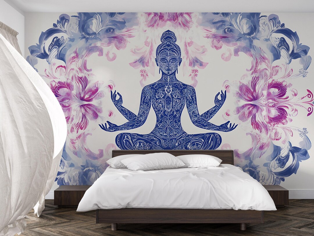 Boho Yoga Wall Mural – Blue Mandala Meditation Art – Spiritual Flower ...