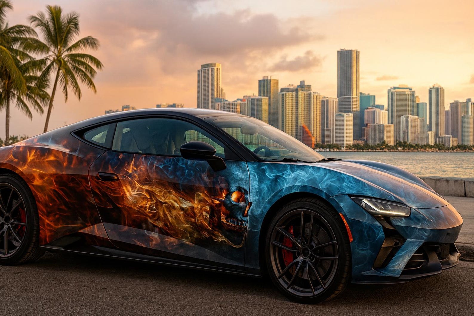 Fire and Ice Skull Car Wrap | Dual Flame & Frost Vinyl Design | Blue ...