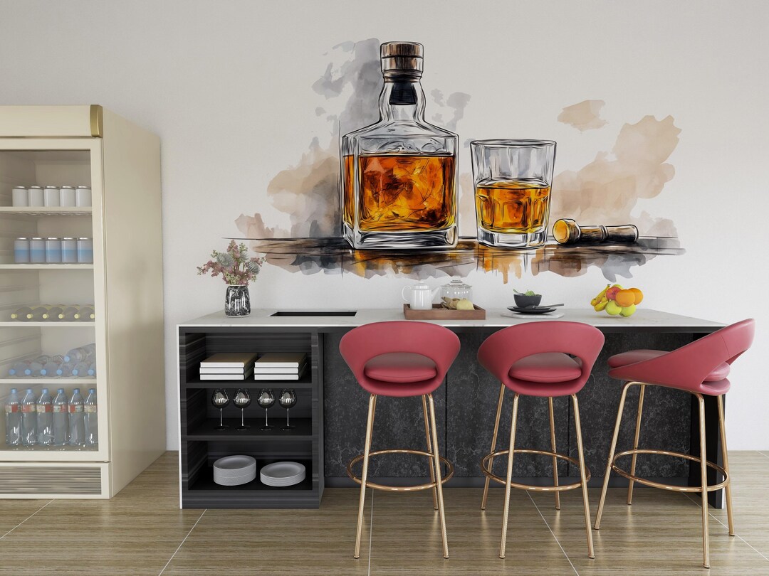 Watercolor Whiskey Wall Decal Whiskey Bottle Glass Wall Art Bar Decor ...