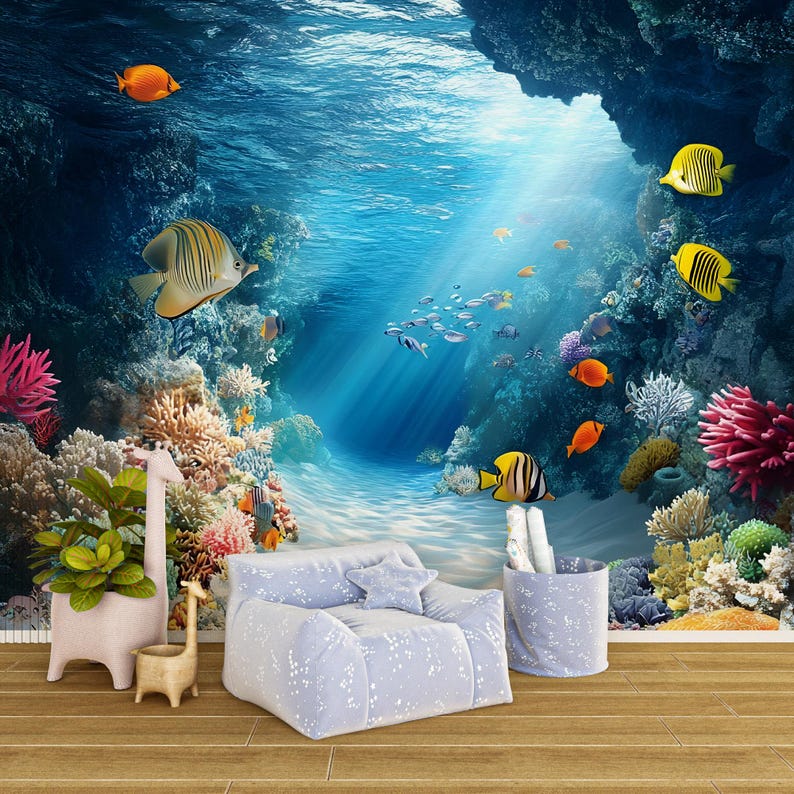 Ocean Wallpaper - Underwater Reef Wall Mural - Tropical Fish Wall Art ...
