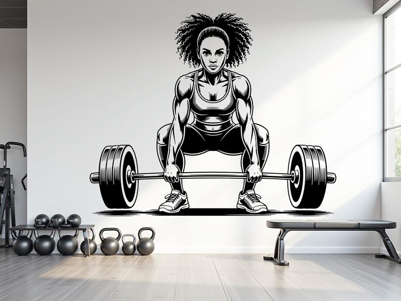 Gym Afro American Girl Squat Wall Decal Girl Power Fitness Quote Decor ...