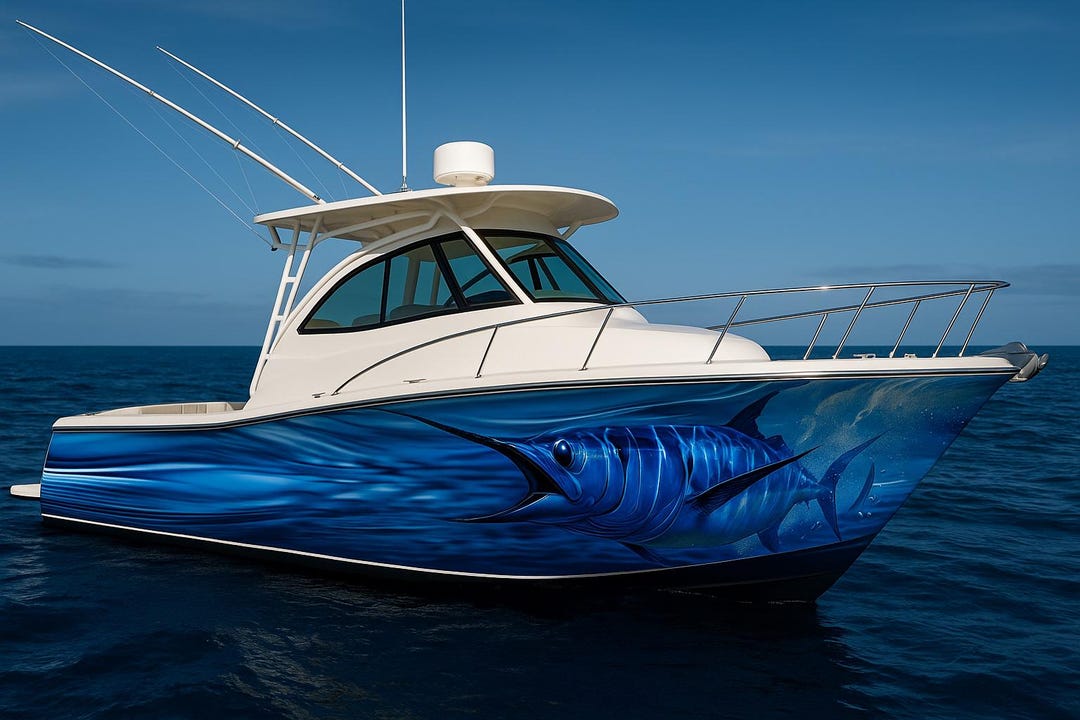 Blue Marlin Boat Wrap – Realistic Full-color Marine Vinyl Design for ...