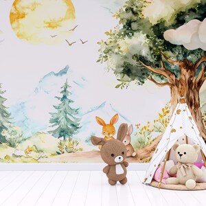 Watercolor Wallpaper, Cute Forest Scene With Trees and Rabbits Under ...