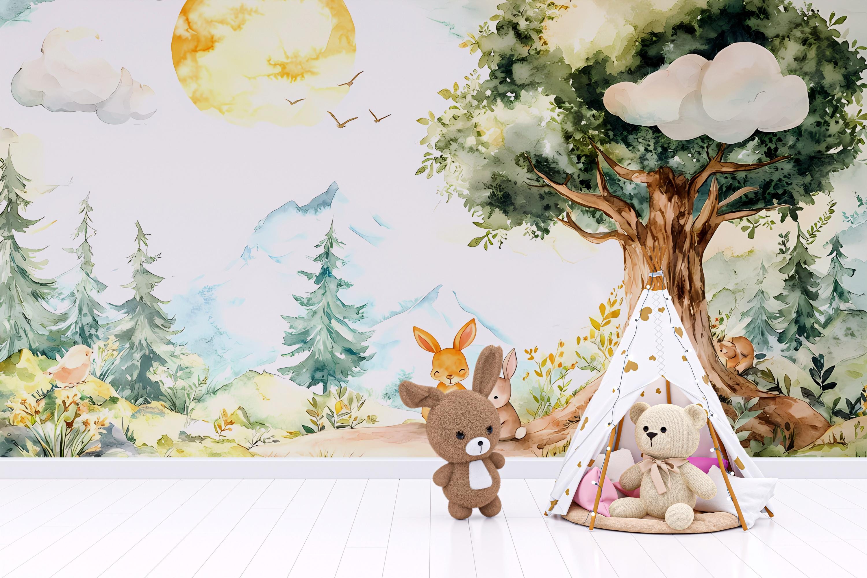 Watercolor Wallpaper, Cute Forest Scene With Trees and Rabbits Under ...
