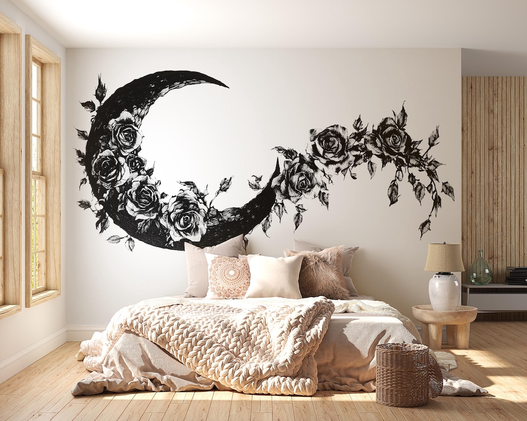 Gothic Floral Moon Wall Decal, Crescent Moon Rose Wall Sticker, Boho Celestial Wall Art, Black ...