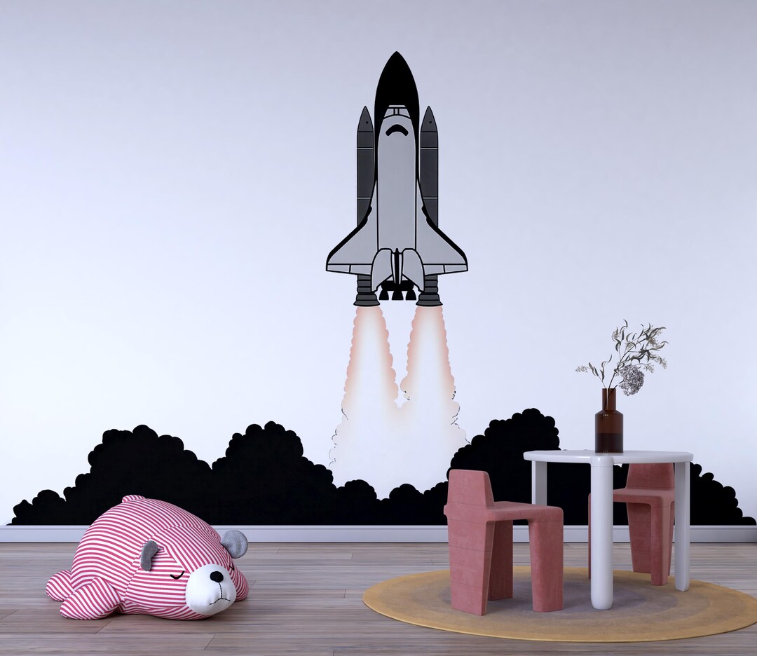 Black & White Rocket Ship Wall Decal | Space Shuttle Sticker for Kids ...