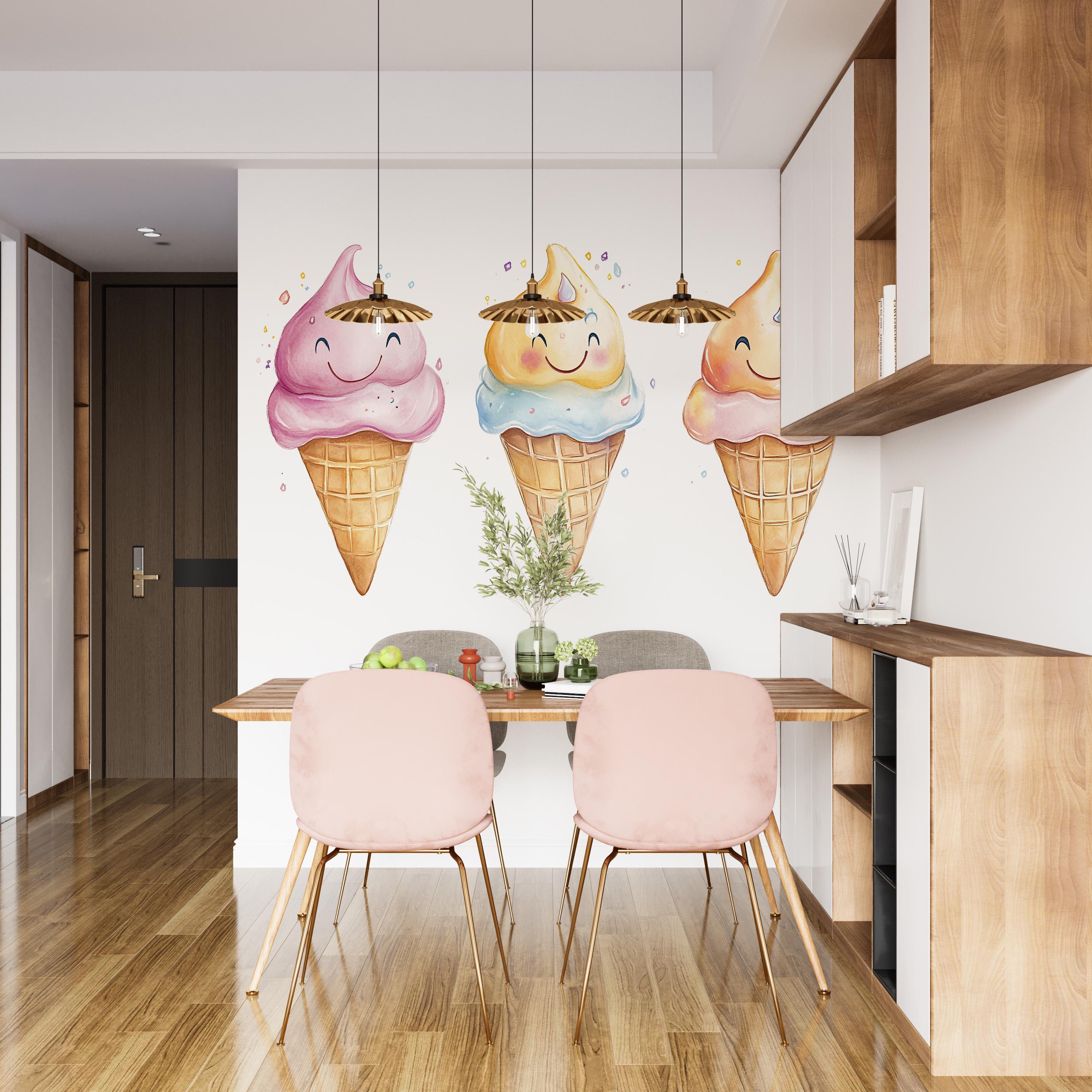 Cute Ice Cream Wall Decal, Smiling Ice Cream Cone Wall Art, Ice Cream ...