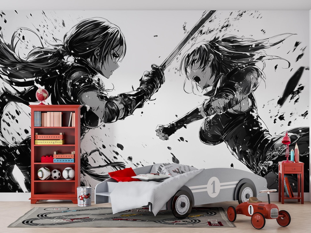 Anime Duel Wall Mural – Monochrome Manga Sword Fight Wallpaper, Black ...