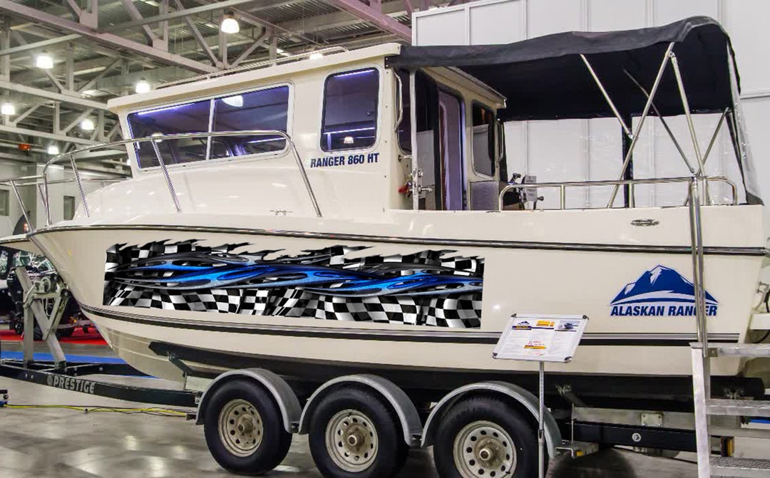 Yacht Vinyl Sticker Design, 3D Checkered Flag Boat Graphics Ripped ...