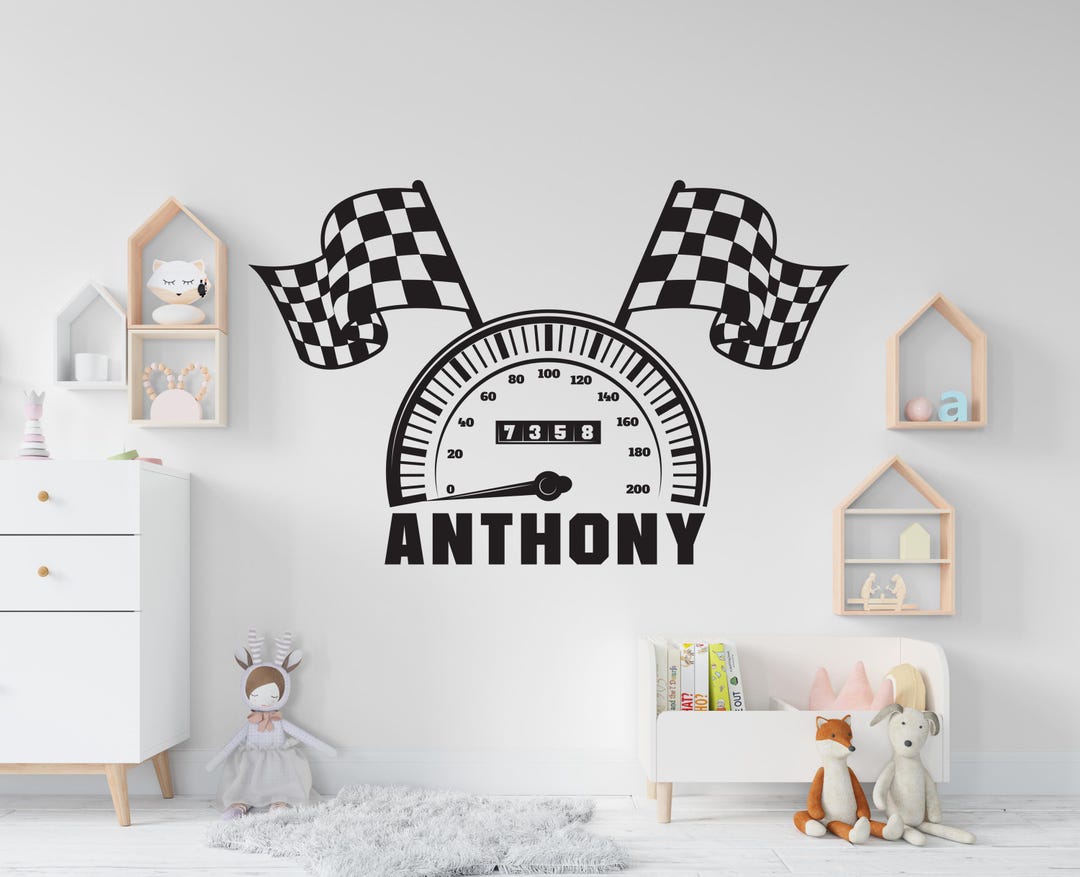 Racing Flag Speedometer Wall Decal Highway Vinyl Sticker Custom Name ...