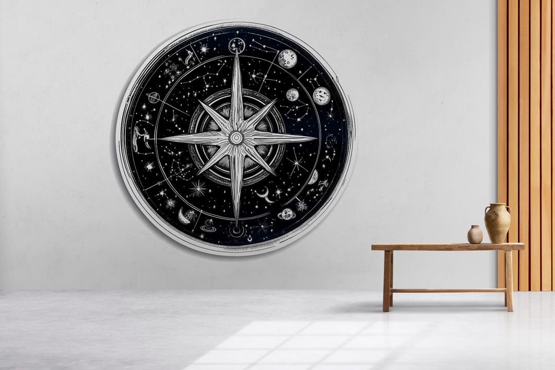 Celestial Compass Wall Decal Astrology Wall Art Zodiac Star Map Round ...