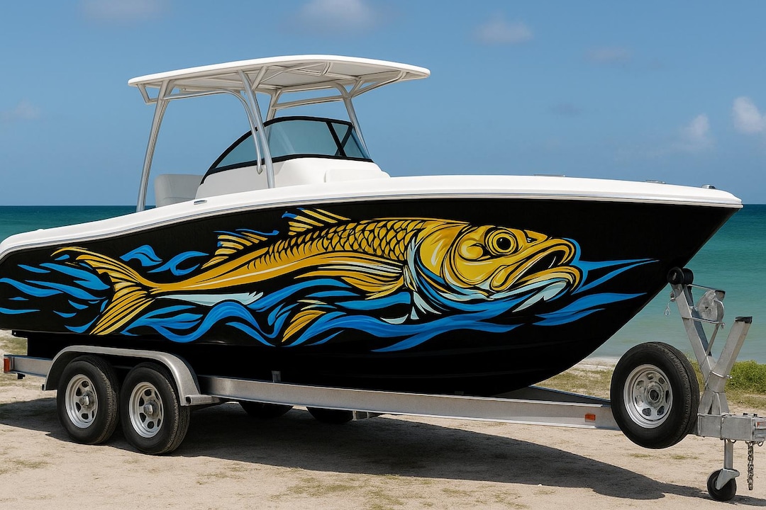 Golden Tarpon Boat Wrap – Striking Full-color Marine Vinyl Design for ...