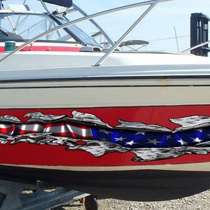 USA Flag Boat Wrap, American Pride Boat Vinyl, US Flag Ripped Metal ...
