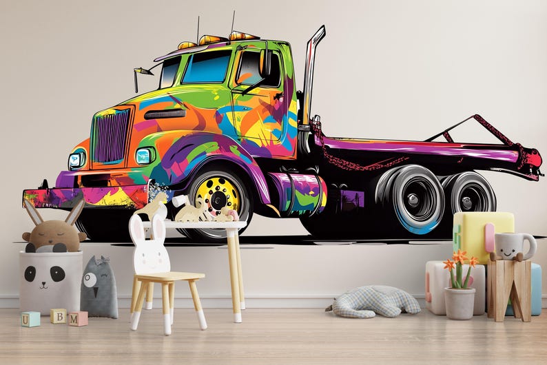 Colorful Graffiti Tow Truck Wall Decal for Kids | Bright Truck Wall ...
