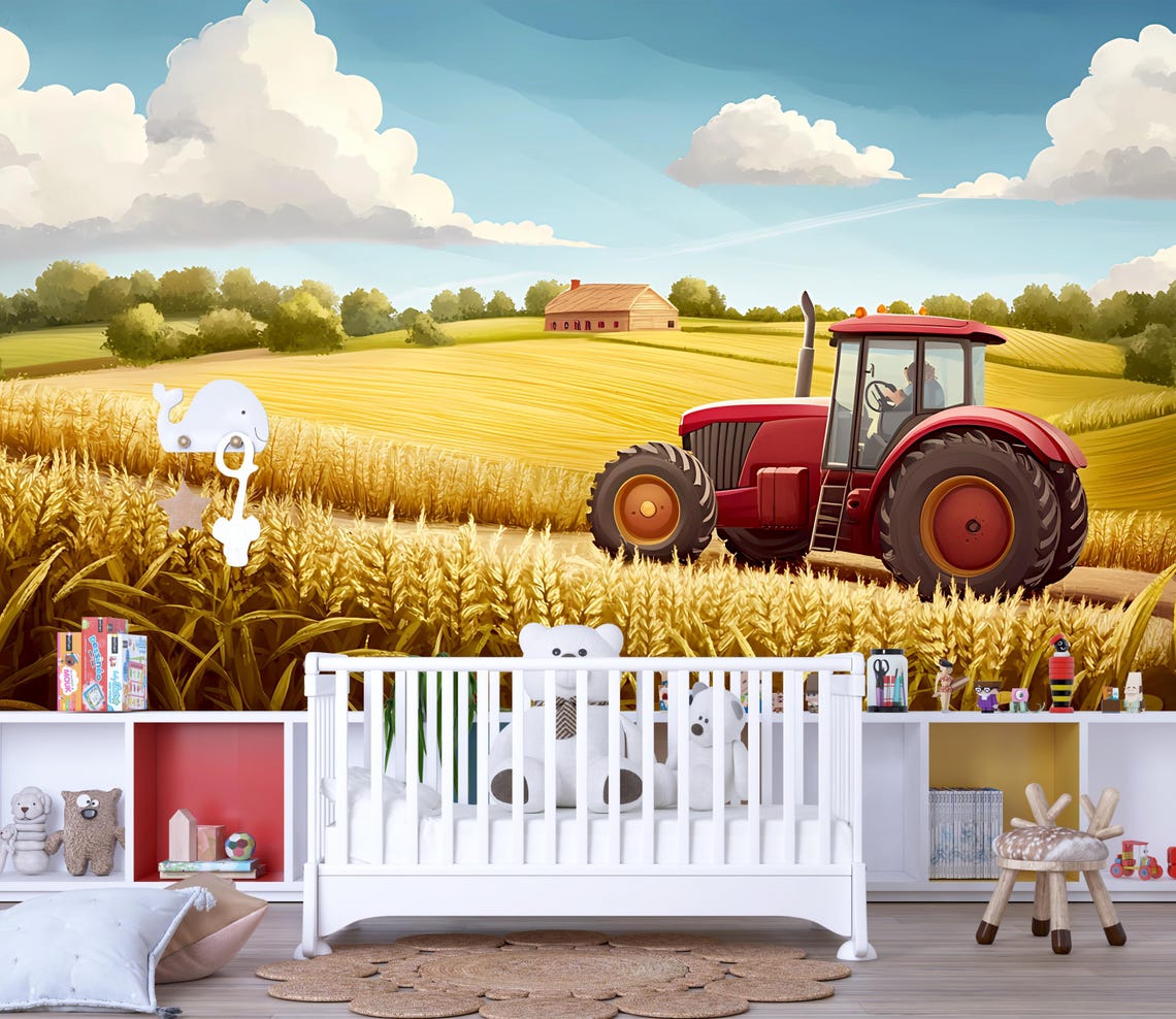Red Tractor Wheat Field Wall Mural – Farm Landscape Wallpaper for Kids ...