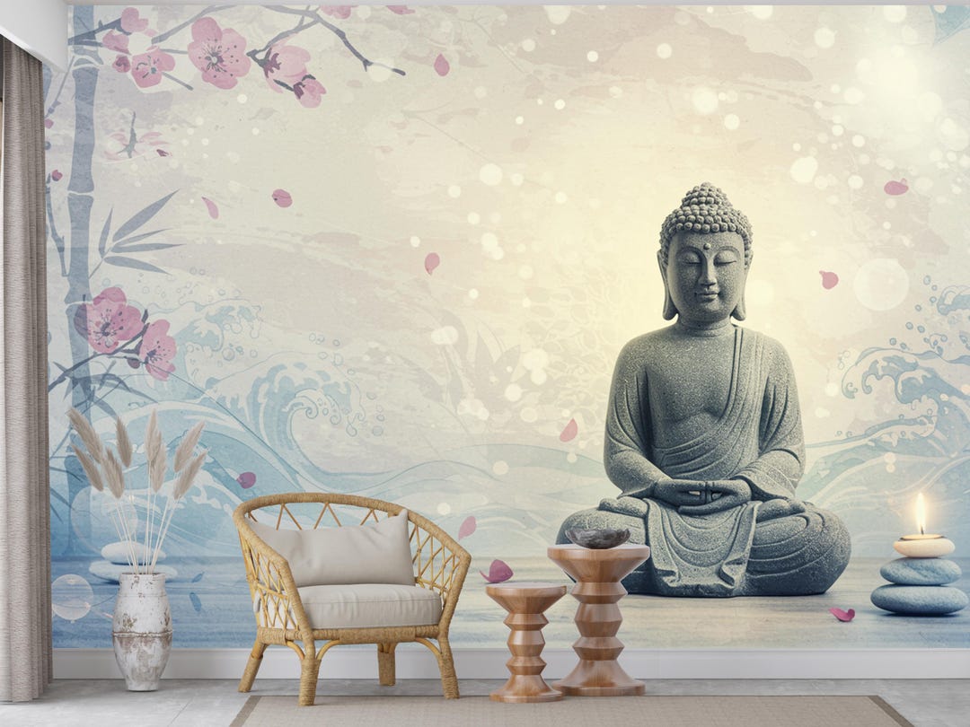 Zen Buddha Spa Wall Mural – Minimalist Meditation Wallpaper With Cherry ...