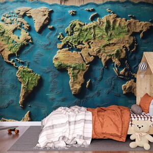 3D World Map Wall Mural for Office or Study Room – Topographic Earth ...
