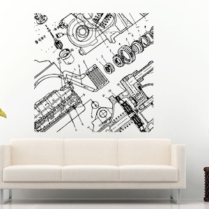 Car Vehicle Automobile Engine Motor Parts Blueprint Wall Decal Vinyl ...