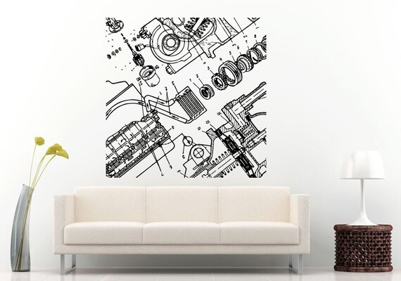Car Vehicle Automobile Engine Motor Parts Blueprint Wall Decal | Etsy