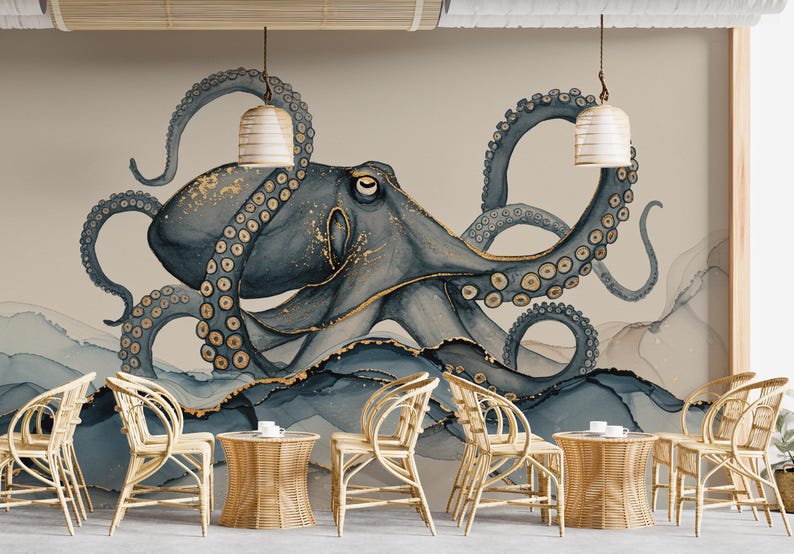 Octopus Fish Restaurant Watercolor Wall Mural – Octopus Wall Decor ...