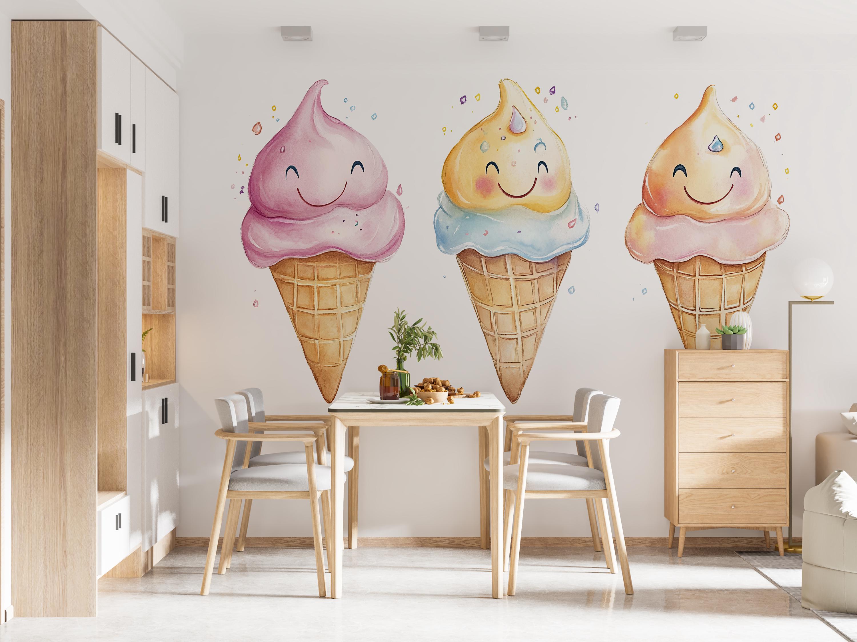 Cute Ice Cream Wall Decal, Smiling Ice Cream Cone Wall Art, Ice Cream ...