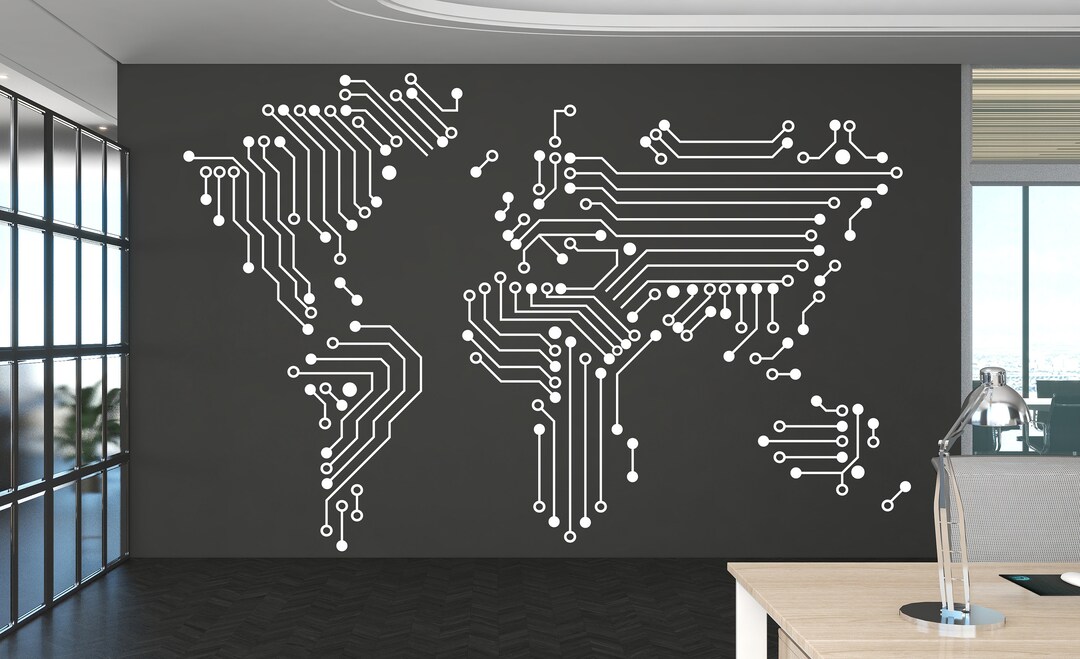 World Map Circuit Board Wall Decal, Technology Vinyl Wall Art Decals ...