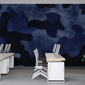 Blue Camo Wall Mural – Modern Camouflage Wallpaper for Office or Studio ...