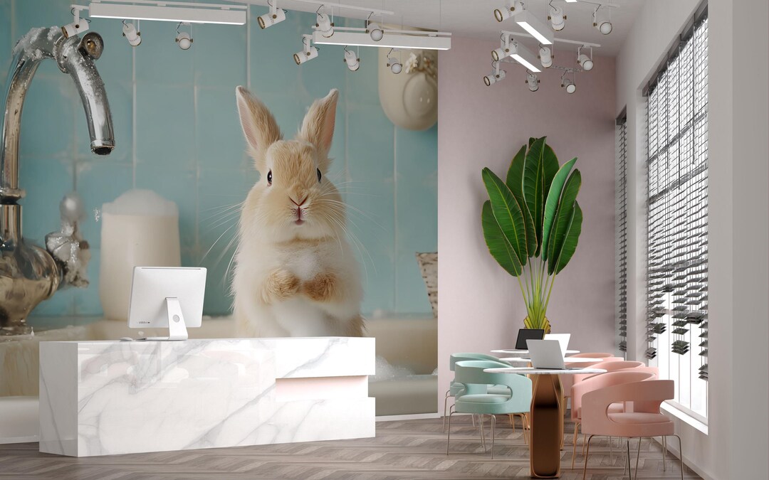 Cute Bunny Grooming Spa Wallpaper With Fluffy Rabbit in Bathtub ...