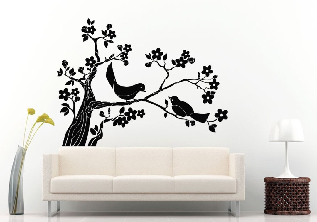 Sakura Japanese Tree Flower With Two Birds Sitting on the Branch Wall ...