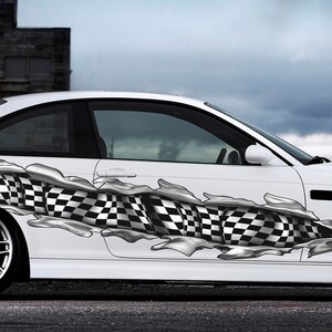 3D Checkered Flag Car Wrap, Racing Flag Car Decal, Ripped Metal ...