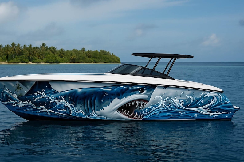 Shark Boat Wrap – Fierce Ocean Predator Design, Realistic Marine Vinyl ...