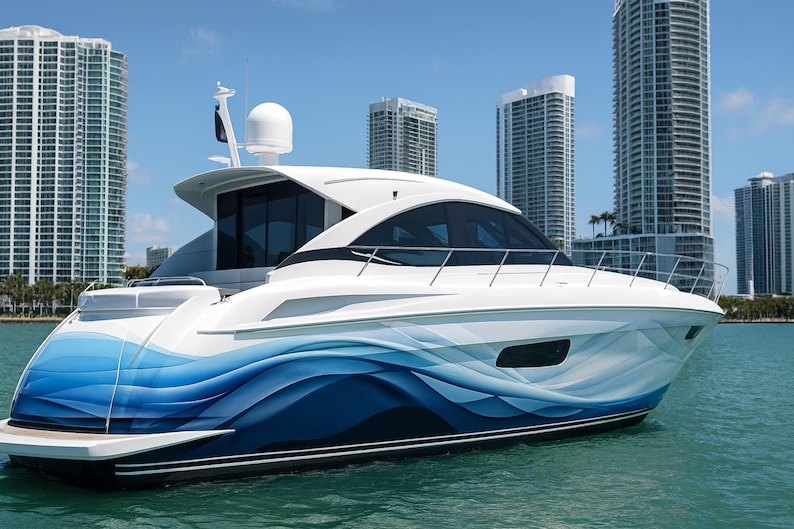 Ocean Wave Boat Wrap – Blue Gradient Marine Vinyl Graphics for Hull ...
