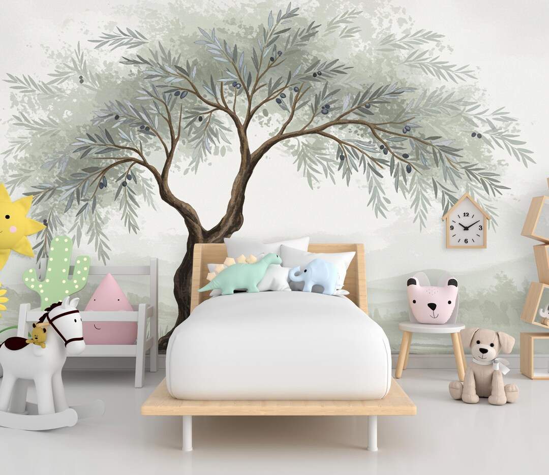 Watercolor Olive Tree Mural Wallpaper – Elegant Hand-painted Botanical ...