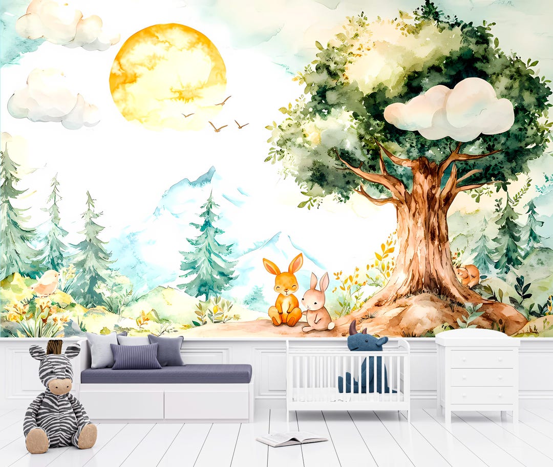 Watercolor Wallpaper, Cute Forest Scene With Trees and Rabbits Under ...
