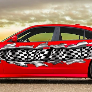 3D Checkered Flag Car Wrap, Racing Flag Car Decal, Ripped Metal ...