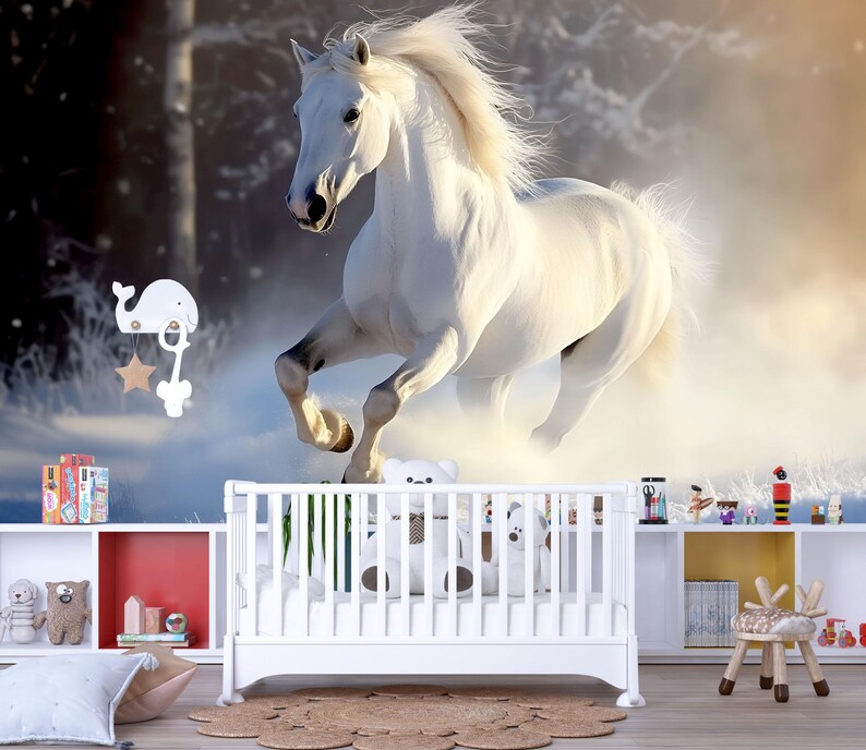 3D White Horse Winter Wallpaper Mural | Elegant Running Stallion Wall ...