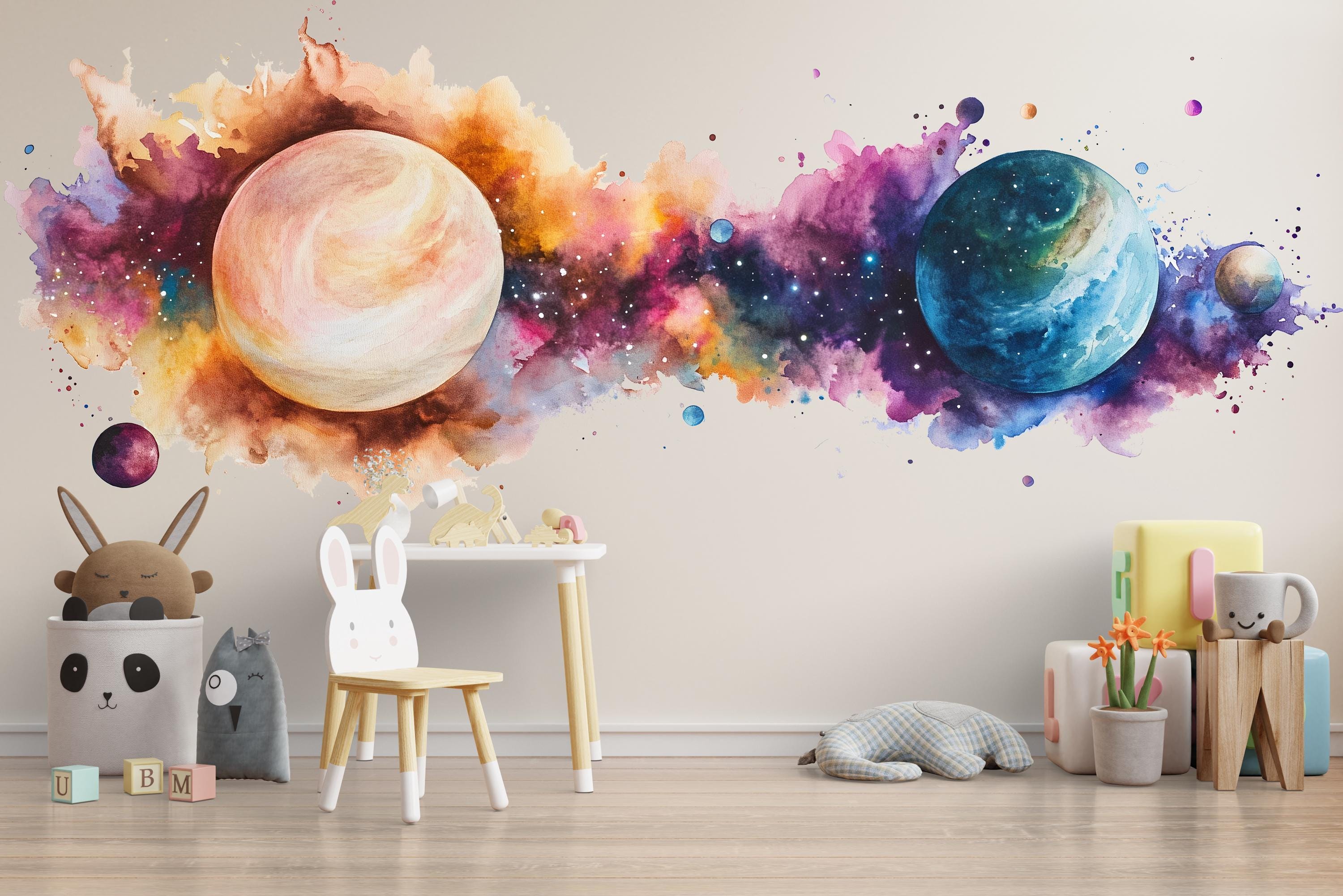 Watercolor Galaxy Planets Wall Decal | Kids Space Room Sticker ...