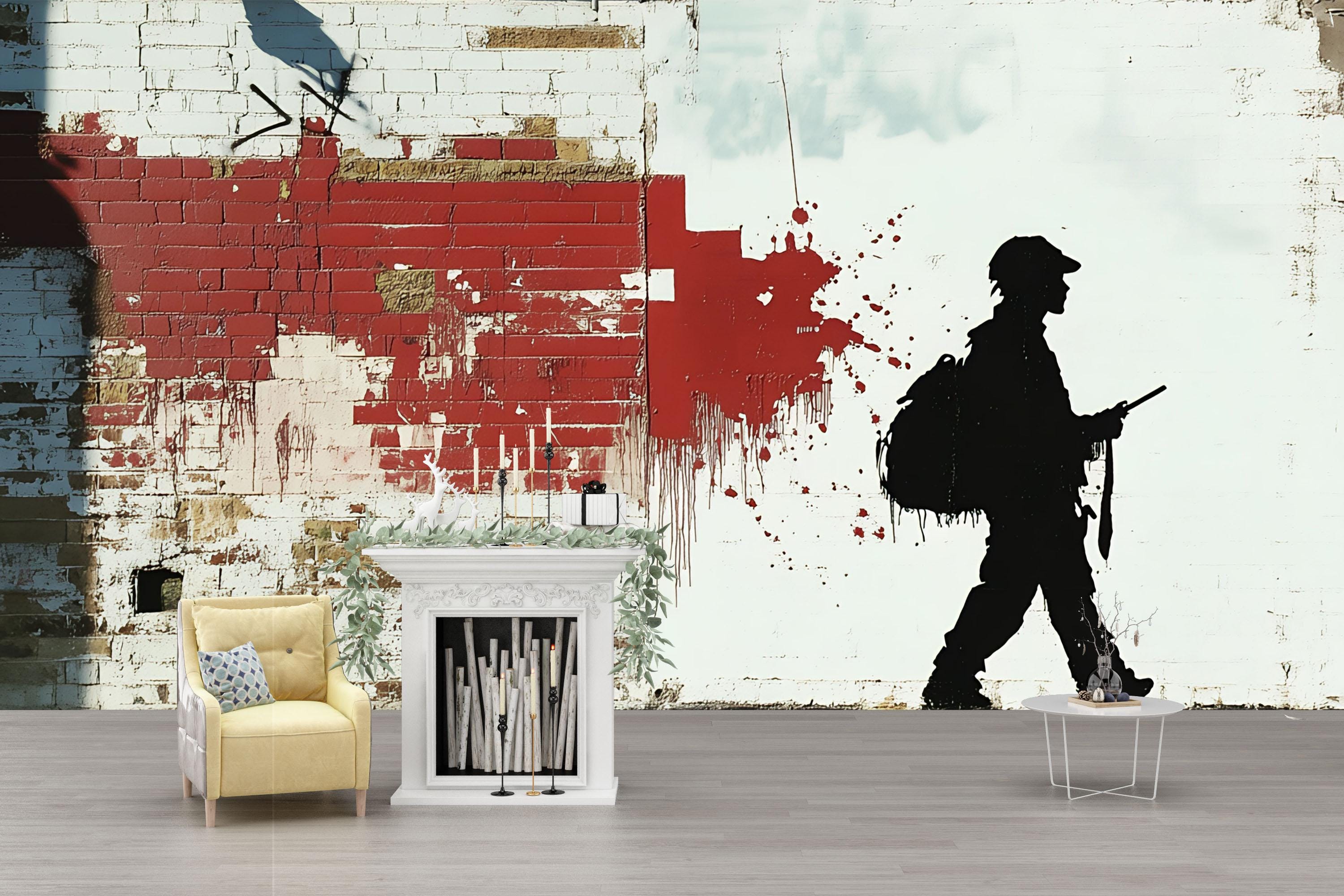 Stencil Soldier Graffiti Wall Mural – 3D Urban Brick Texture Wallpaper ...